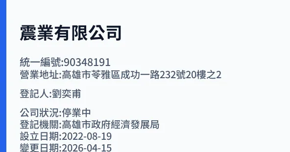 震業有限公司的照片-統編 90348191(高雄市) 公司登記資料與營業項目詳細圖表