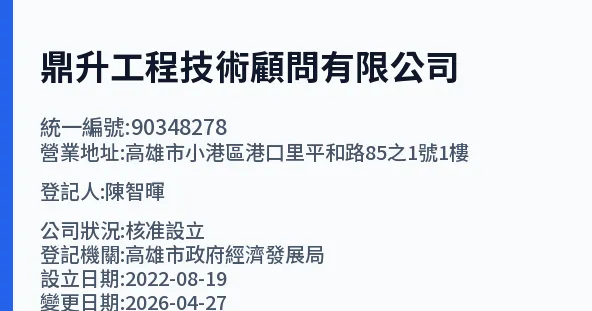 鼎升工程技術顧問有限公司的照片-統編 90348278(高雄市) 公司登記資料與營業項目詳細圖表