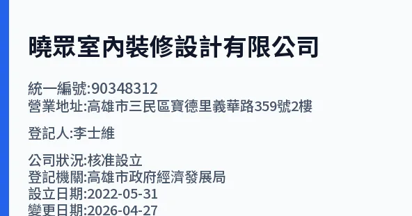 曉眾室內裝修設計有限公司的照片-統編 90348312(高雄市) 公司登記資料與營業項目詳細圖表