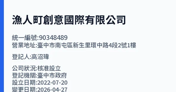 漁人町創意國際有限公司的照片-統編 90348489(臺中市) 公司登記資料與營業項目詳細圖表