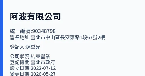 阿波有限公司的照片-統編 90348798(臺北市) 公司登記資料與營業項目詳細圖表