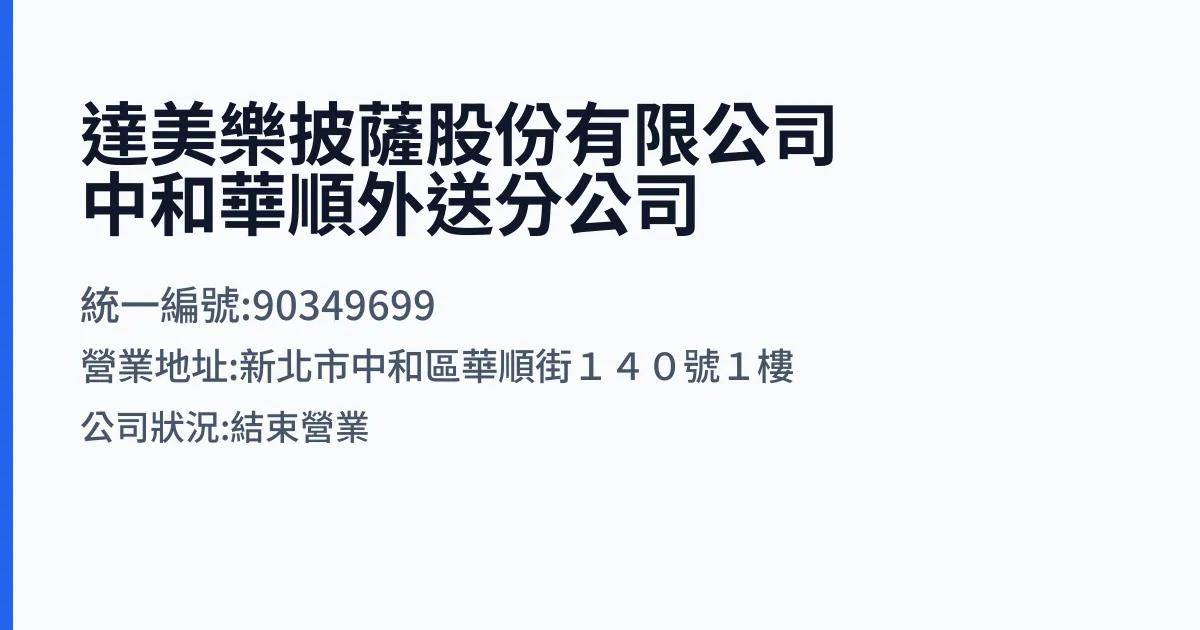 達美樂披薩股份有限公司中和華順外送分公司 - 統編 90349699(新北市) 公司登記資料與營業項目詳細圖表