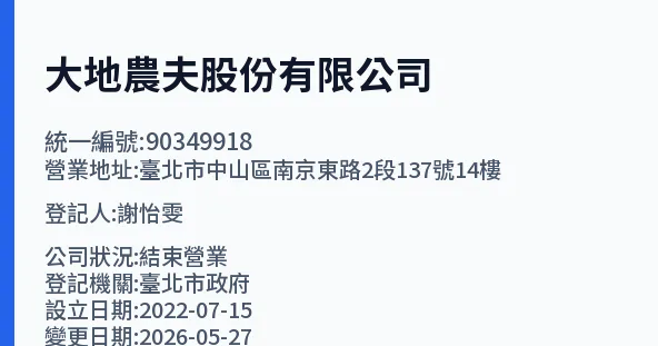 大地農夫股份有限公司的照片-統編 90349918(臺北市) 公司登記資料與營業項目詳細圖表