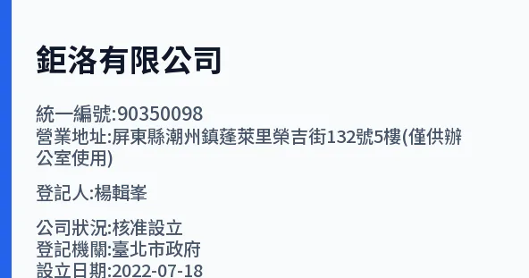 鉅洛有限公司的照片-統編 90350098(屏東縣) 公司登記資料與營業項目詳細圖表