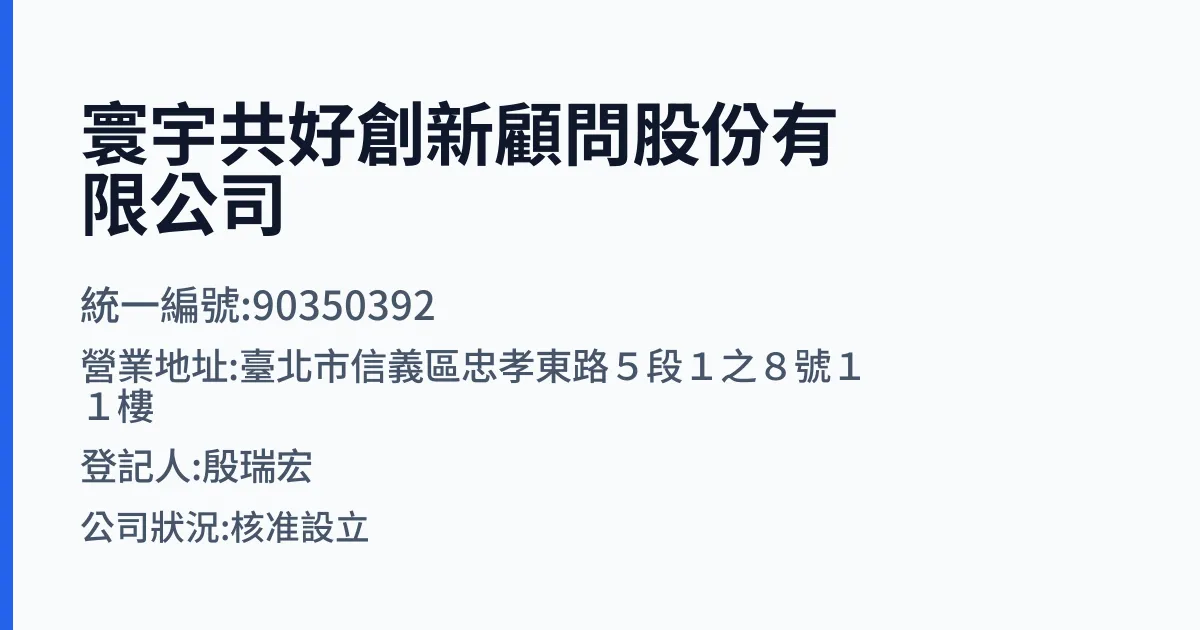 寰宇共好創新顧問股份有限公司 - 統編 90350392(臺北市) 公司登記資料與營業項目詳細圖表