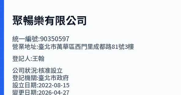 聚暢樂有限公司的照片-統編 90350597(臺北市) 公司登記資料與營業項目詳細圖表