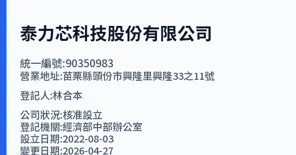 泰力芯科技股份有限公司的照片-統編 90350983(苗栗縣) 公司登記資料與營業項目詳細圖表