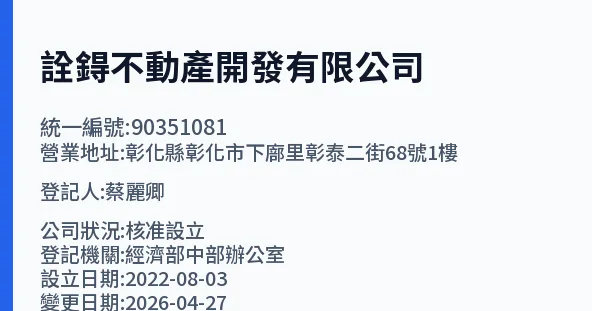 詮鍀不動產開發有限公司的照片-統編 90351081(彰化縣) 公司登記資料與營業項目詳細圖表