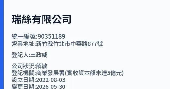 瑞絲有限公司的照片-統編 90351189(新竹縣) 公司登記資料與營業項目詳細圖表