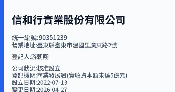信和行實業股份有限公司的照片-統編 90351239(臺東縣) 公司登記資料與營業項目詳細圖表