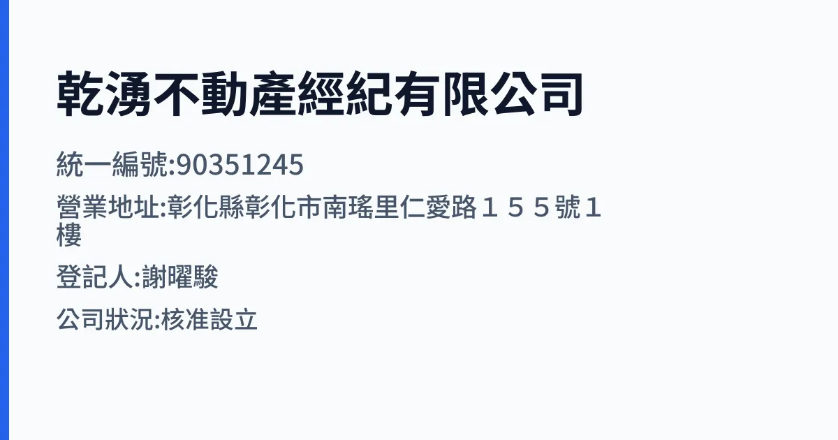 乾湧不動產經紀有限公司 - 統編 90351245(彰化縣) 公司登記資料與營業項目詳細圖表