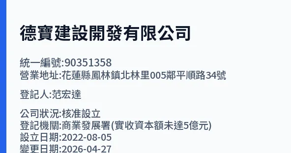 德寶建設開發有限公司的照片-統編 90351358(花蓮縣) 公司登記資料與營業項目詳細圖表