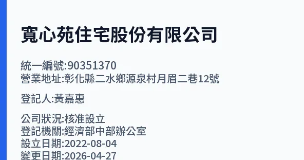 寬心苑住宅股份有限公司的照片-統編 90351370(彰化縣) 公司登記資料與營業項目詳細圖表