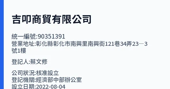 吉叩商貿有限公司的照片-統編 90351391(彰化縣) 公司登記資料與營業項目詳細圖表