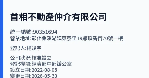 首相不動產仲介有限公司的照片-統編 90351694(彰化縣) 公司登記資料與營業項目詳細圖表