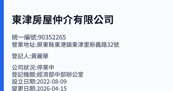 東津房屋仲介有限公司的照片-統編 90352265(屏東縣) 公司登記資料與營業項目詳細圖表