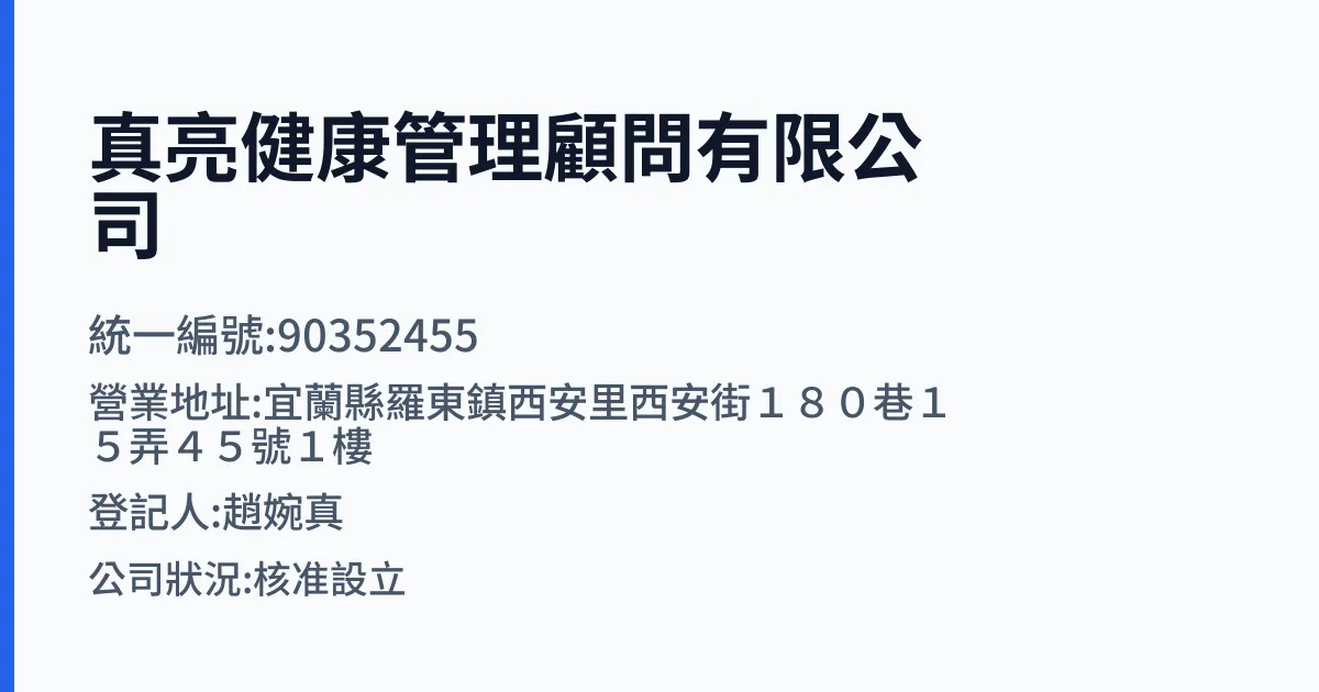 真亮健康管理顧問有限公司 - 統編 90352455(宜蘭縣) 公司登記資料與營業項目詳細圖表