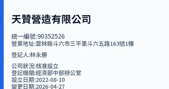 天贊營造有限公司的照片-統編 90352526(雲林縣) 公司登記資料與營業項目詳細圖表