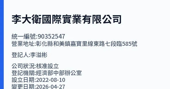 李大衛國際實業有限公司的照片-統編 90352547(彰化縣) 公司登記資料與營業項目詳細圖表