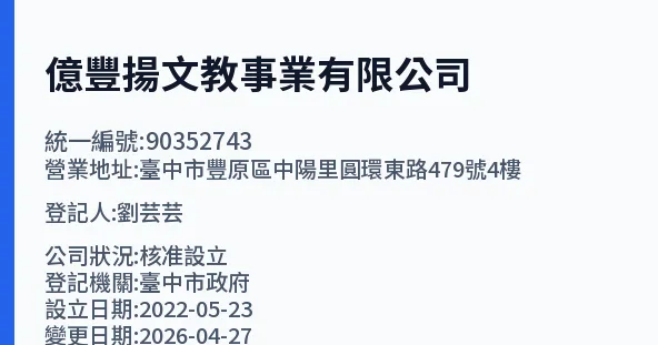 億豐揚文教事業有限公司的照片-統編 90352743(臺中市) 公司登記資料與營業項目詳細圖表
