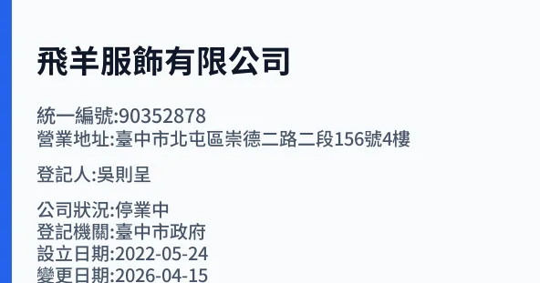 飛羊服飾有限公司的照片-統編 90352878(臺中市) 公司登記資料與營業項目詳細圖表