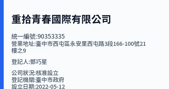 重拾青春國際有限公司的照片-統編 90353335(臺中市) 公司登記資料與營業項目詳細圖表