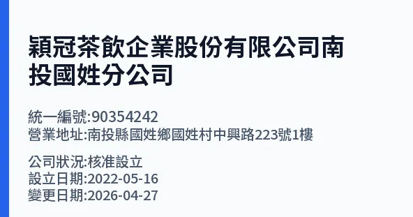 穎冠茶飲企業股份有限公司南投國姓分公司的照片-統編 90354242(南投縣) 公司登記資料與營業項目詳細圖表