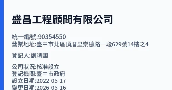 盛昌工程顧問有限公司的照片-統編 90354550(臺中市) 公司登記資料與營業項目詳細圖表