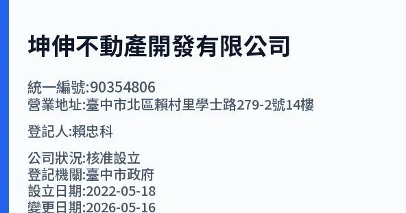 坤伸不動產開發有限公司的照片-統編 90354806(臺中市) 公司登記資料與營業項目詳細圖表