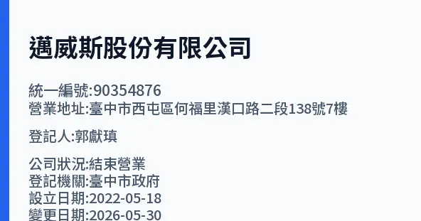 邁威斯股份有限公司的照片-統編 90354876(臺中市) 公司登記資料與營業項目詳細圖表
