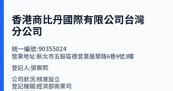 香港商比丹國際有限公司台灣分公司的照片-統編 90355024(新北市) 公司登記資料與營業項目詳細圖表