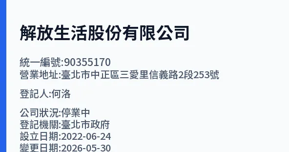 解放生活股份有限公司的照片-統編 90355170(臺北市) 公司登記資料與營業項目詳細圖表
