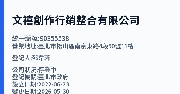 文禧創作行銷整合有限公司的照片-統編 90355538(臺北市) 公司登記資料與營業項目詳細圖表