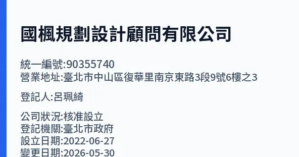 國楓規劃設計顧問有限公司的照片-統編 90355740(臺北市) 公司登記資料與營業項目詳細圖表