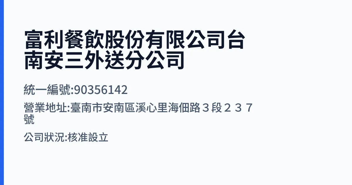 富利餐飲股份有限公司台南安三外送分公司 - 統編 90356142(臺南市) 公司登記資料與營業項目詳細圖表