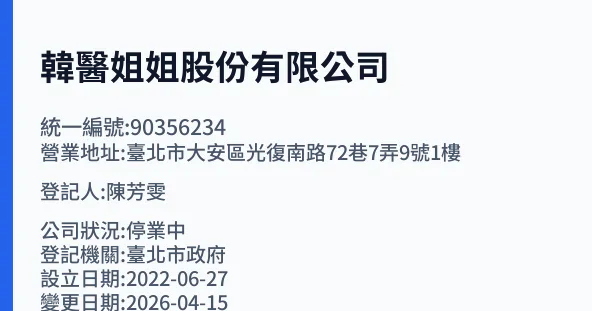 韓醫姐姐股份有限公司的照片-統編 90356234(臺北市) 公司登記資料與營業項目詳細圖表