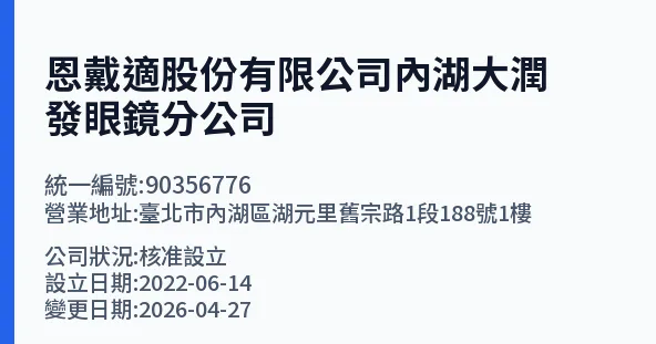 恩戴適股份有限公司內湖大潤發眼鏡分公司的照片-統編 90356776(臺北市) 公司登記資料與營業項目詳細圖表