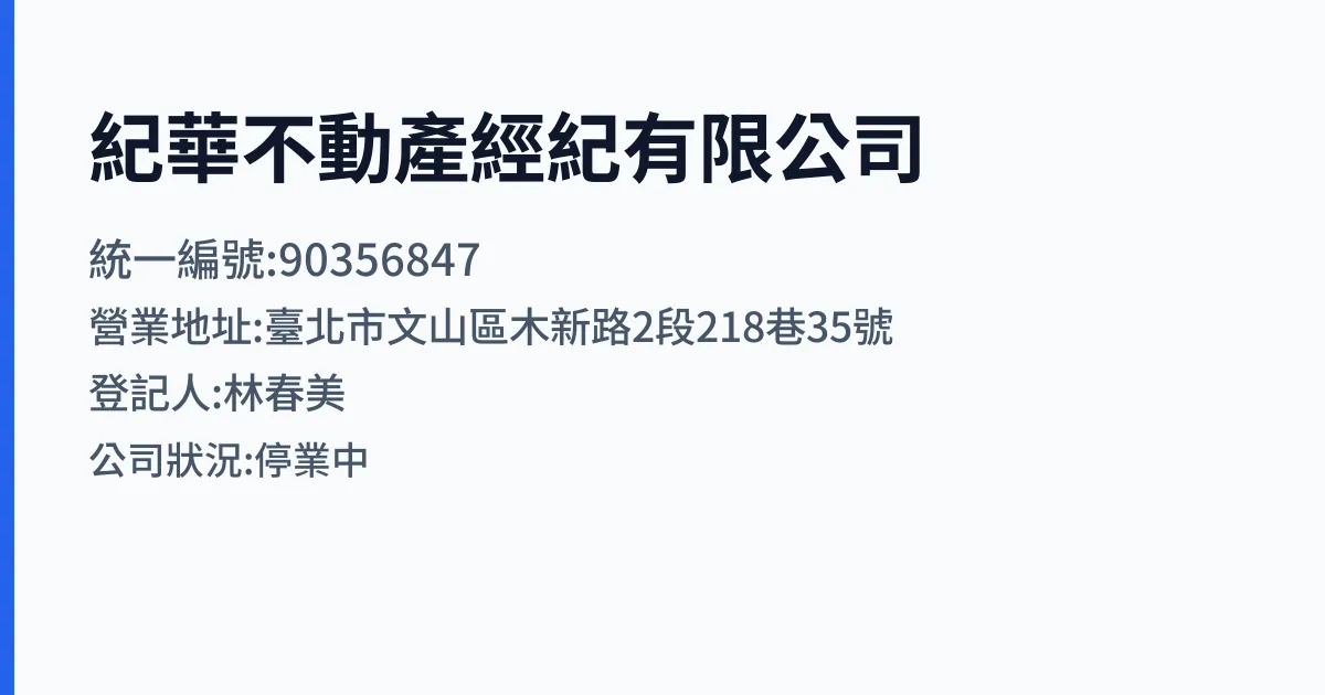 紀華不動產經紀有限公司 - 統編 90356847(臺北市) 公司登記資料與營業項目詳細圖表