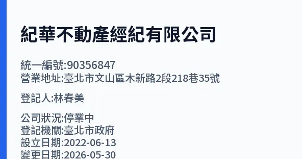 紀華不動產經紀有限公司的照片-統編 90356847(臺北市) 公司登記資料與營業項目詳細圖表