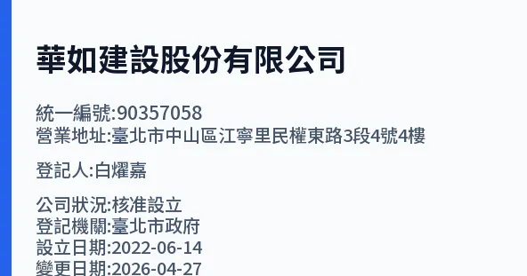 華如建設股份有限公司的照片-統編 90357058(臺北市) 公司登記資料與營業項目詳細圖表