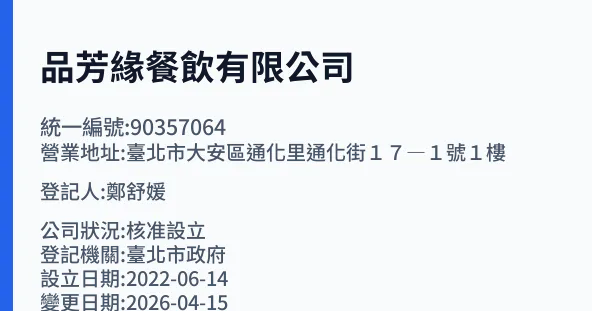 品芳緣餐飲有限公司的照片-統編 90357064(臺北市) 公司登記資料與營業項目詳細圖表