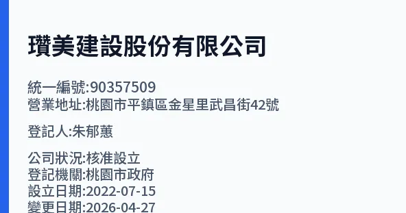 瓚美建設股份有限公司的照片-統編 90357509(桃園市) 公司登記資料與營業項目詳細圖表