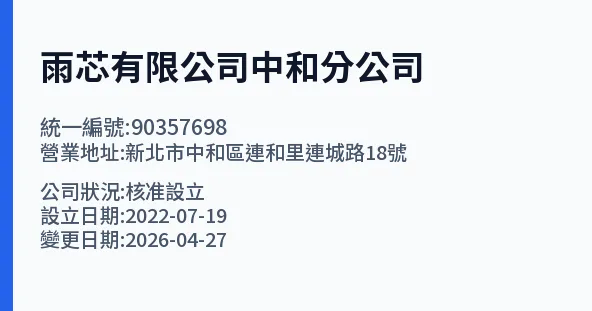 雨芯有限公司中和分公司的照片-統編 90357698(新北市) 公司登記資料與營業項目詳細圖表