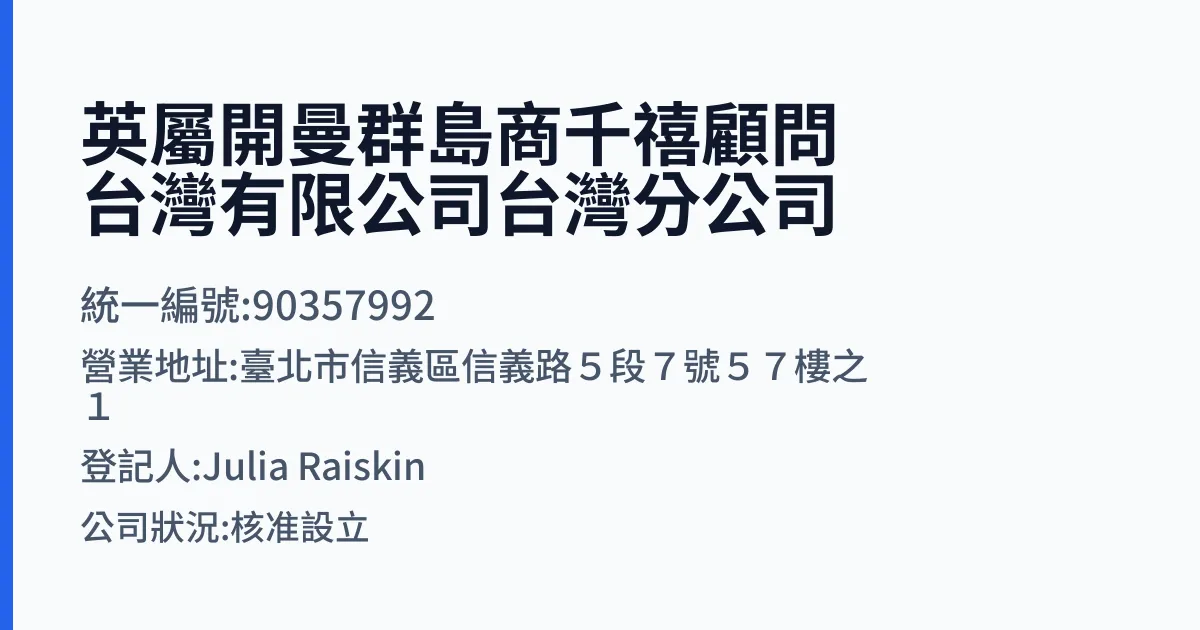 英屬開曼群島商千禧顧問台灣有限公司台灣分公司 - 統編 90357992(臺北市) 公司登記資料與營業項目詳細圖表