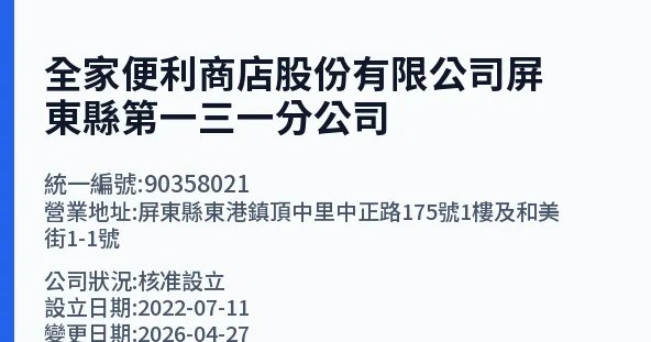 全家便利商店股份有限公司屏東縣第一三一分公司的照片-統編 90358021(屏東縣) 公司登記資料與營業項目詳細圖表