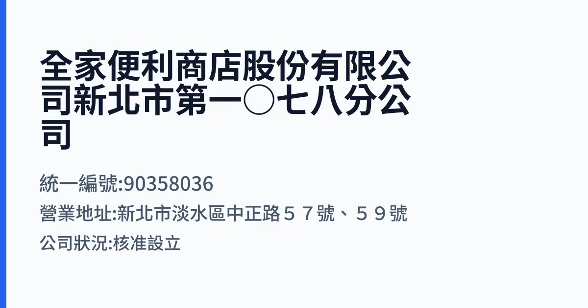 全家便利商店股份有限公司新北市第一○七八分公司 - 統編 90358036(新北市) 公司登記資料與營業項目詳細圖表