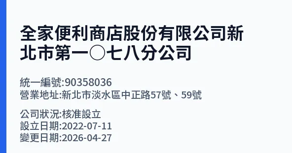全家便利商店股份有限公司新北市第一○七八分公司的照片-統編 90358036(新北市) 公司登記資料與營業項目詳細圖表