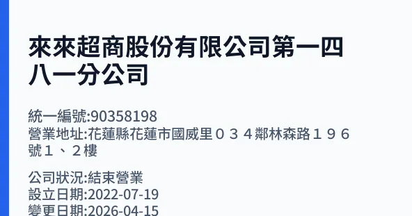 來來超商股份有限公司第一四八一分公司的照片-統編 90358198(花蓮縣) 公司登記資料與營業項目詳細圖表