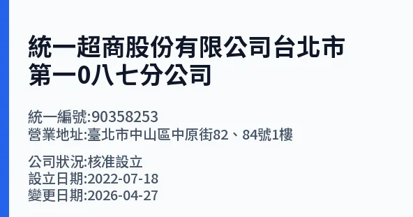 統一超商股份有限公司台北市第一0八七分公司的照片-統編 90358253(臺北市) 公司登記資料與營業項目詳細圖表