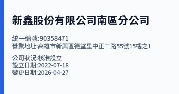 新鑫股份有限公司南區分公司的照片-統編 90358471(高雄市) 公司登記資料與營業項目詳細圖表
